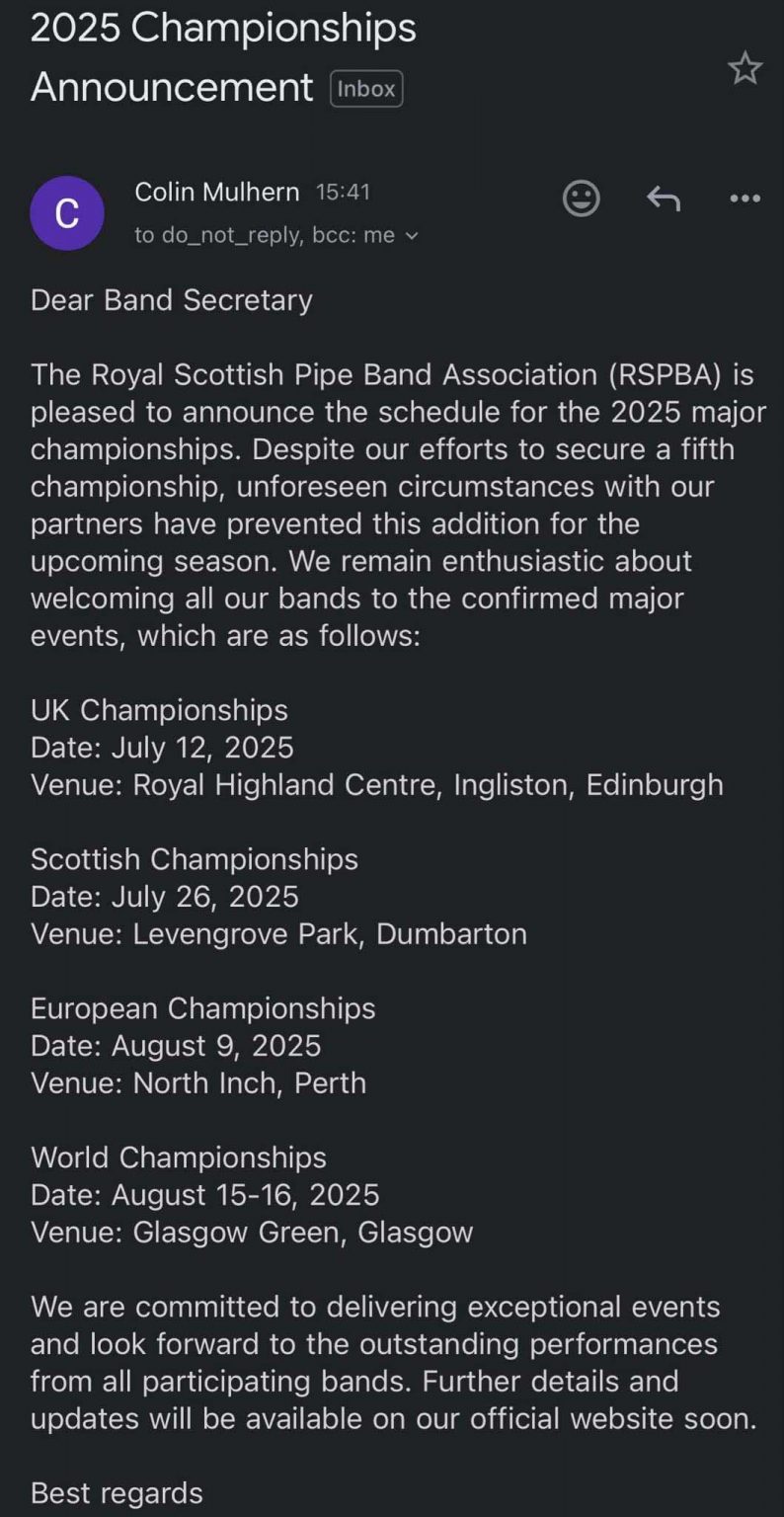 RSPBA confirms only four major championships in 2025 – pipes|drums